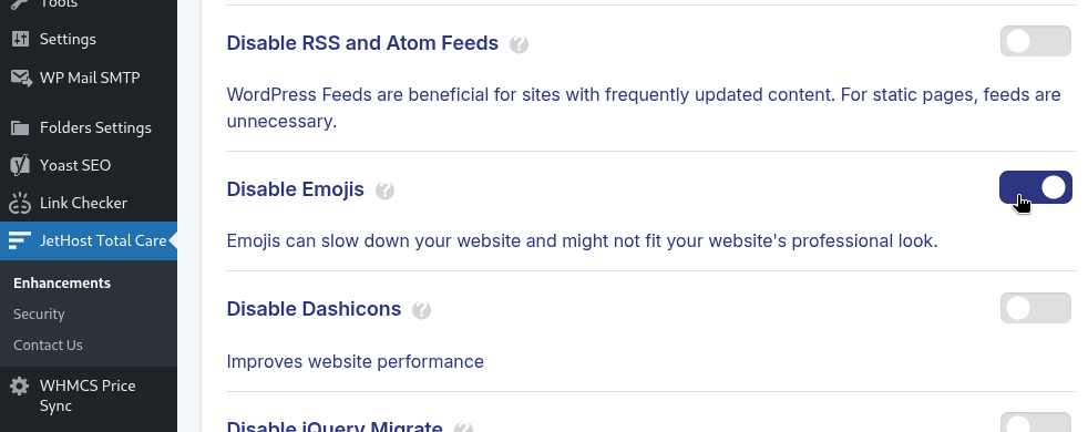 How to Disable WordPress Emojis with JetHost Total Care - JetHost Help